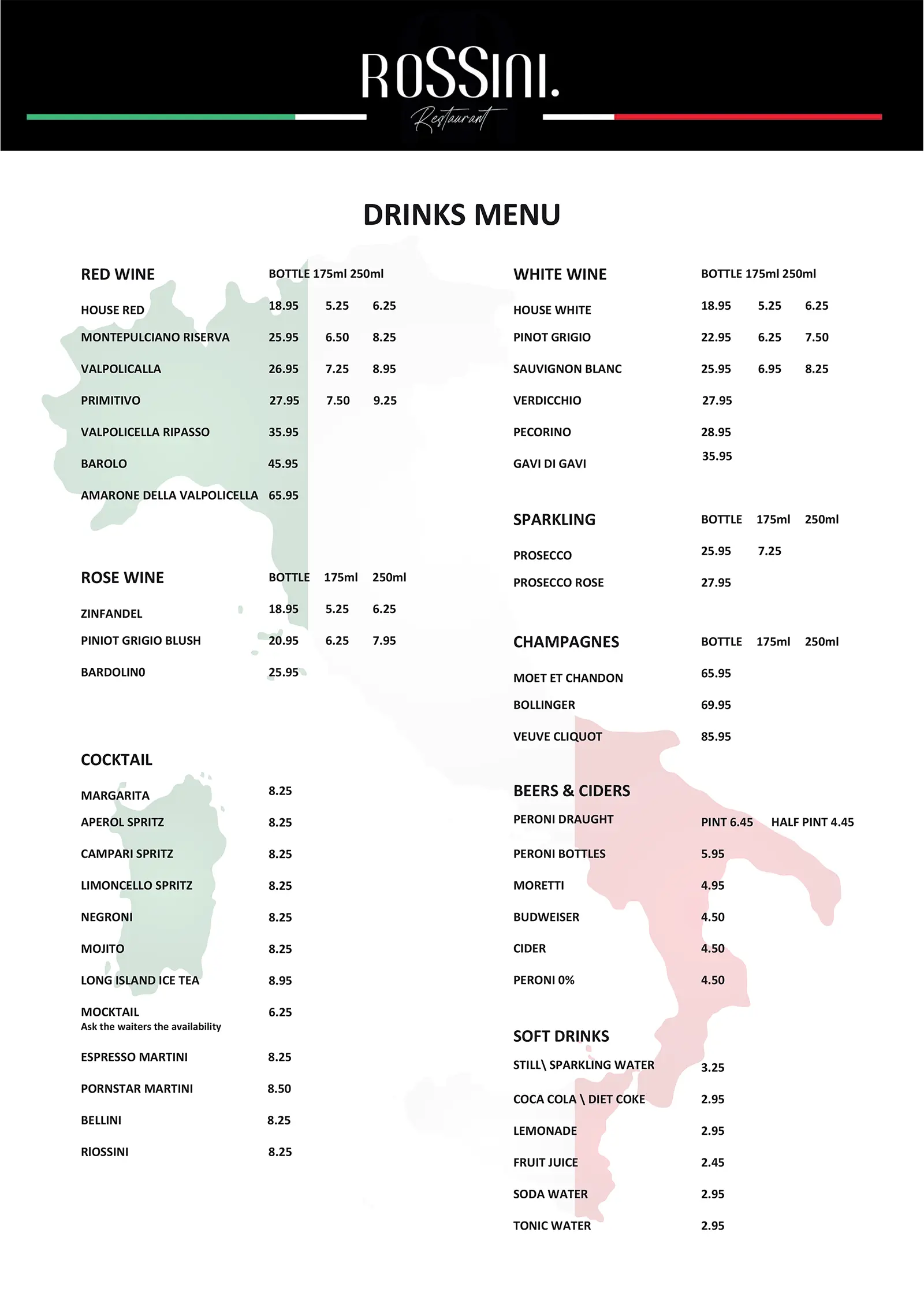 Drinks Menu – Rossini Restaurant Gatley